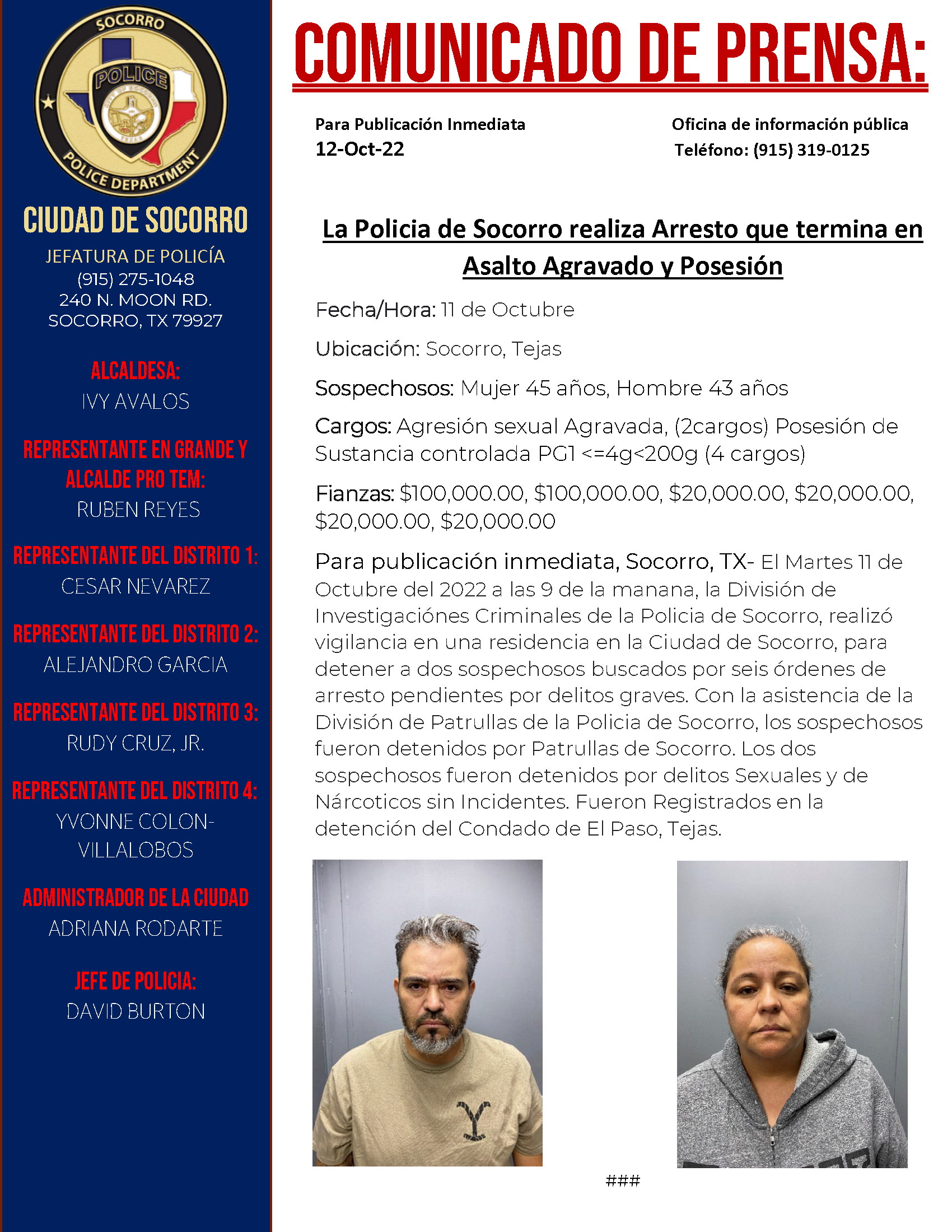 Press Release: Socorro Police Make Arrest ending in aggravated assault ...