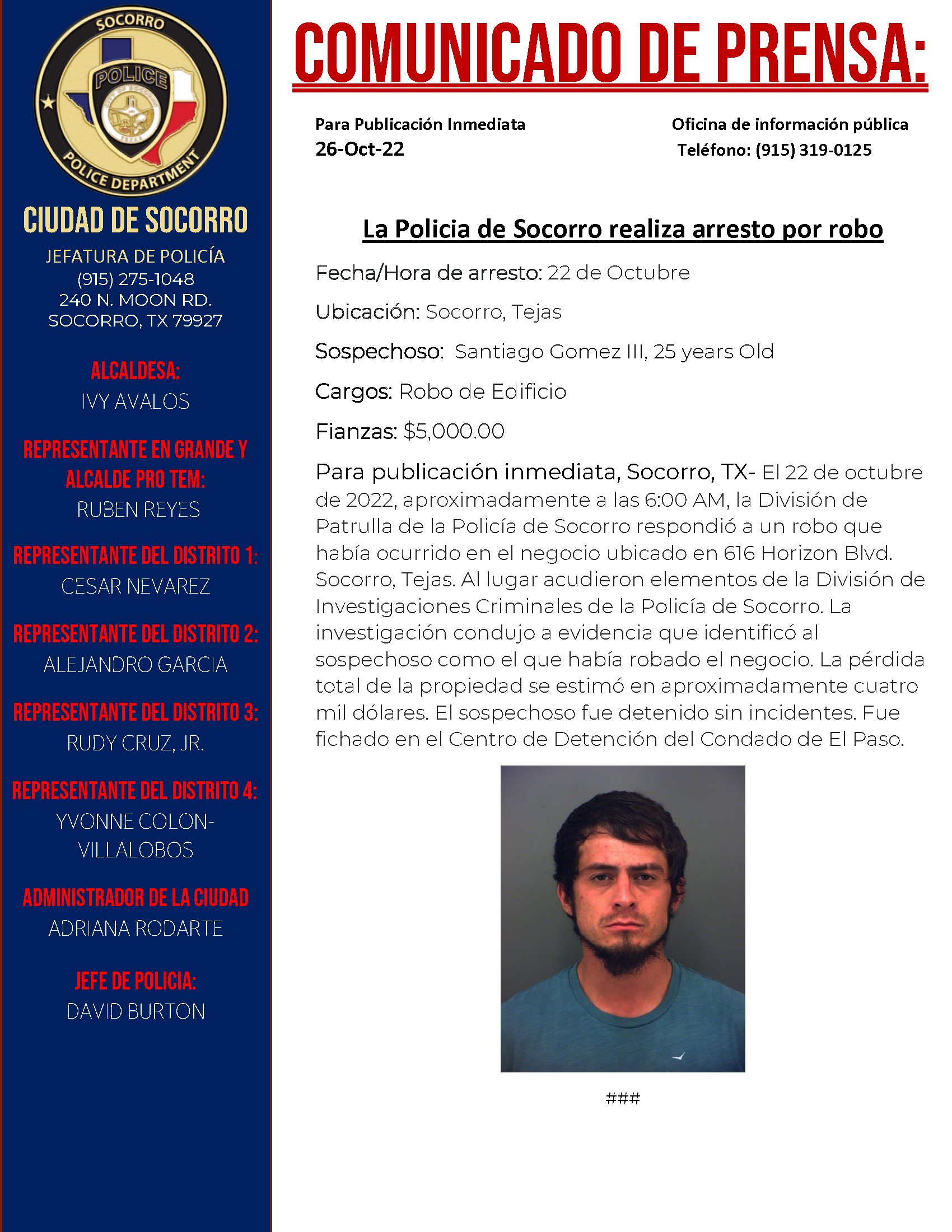 Press Release: Socorro Police Make an Arrest for burglary - City of ...