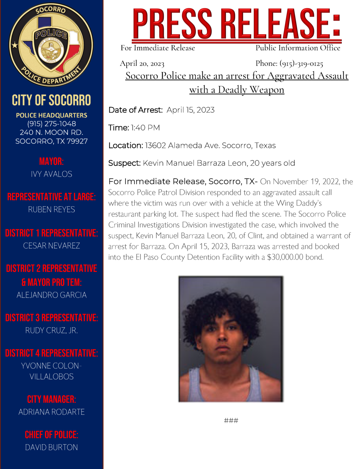 Press Release: Socorro Police Make an arrest for aggravated assault w ...