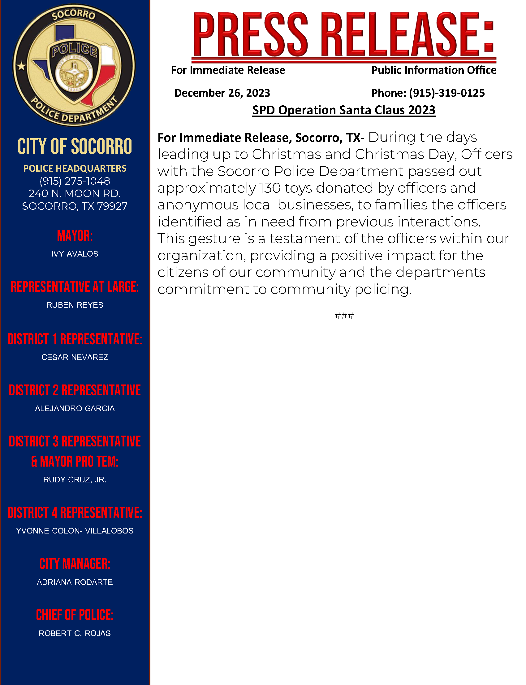 City of Socorro Police: OPERATION Santa Claus 2023 – City of Socorro Texas
